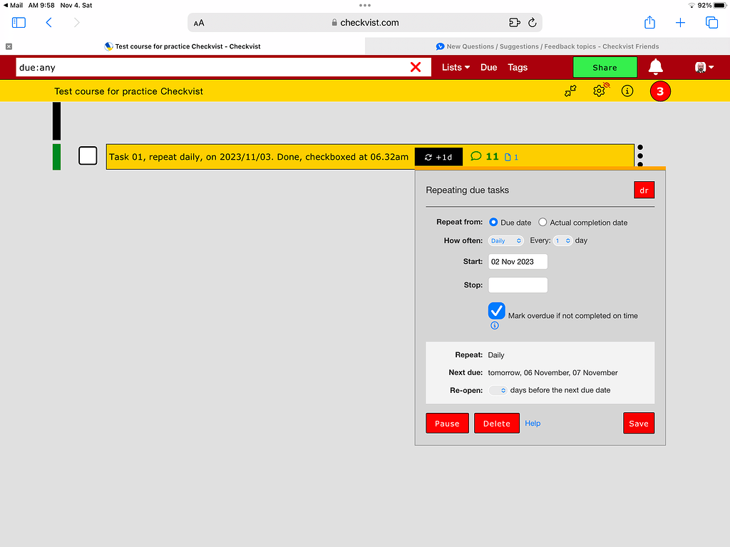 Repeat task daily - Checkvist Friends